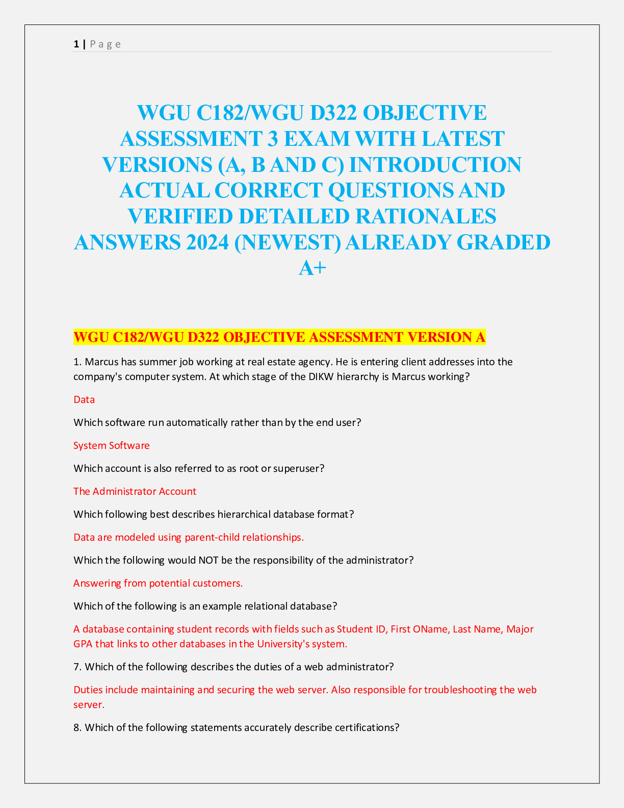WGU C182/D322 Intro to IT Practice (Test A) WITH COMPLETE SOLUTIONS ...