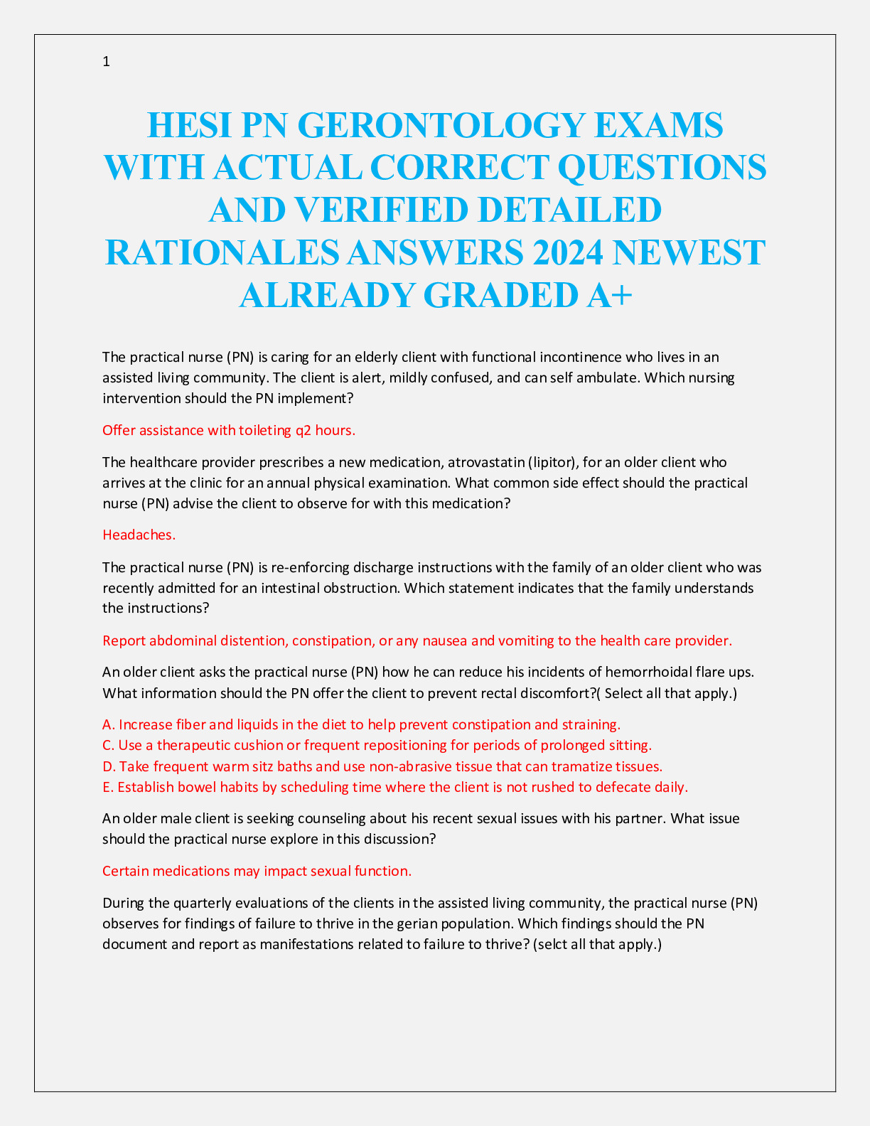 HESI PN GERONTOLOGY EXAM 2024/2025 | QUESTIONS WITH 100% VERIFIED ANSWERS AND COMPREHENSIVE ...