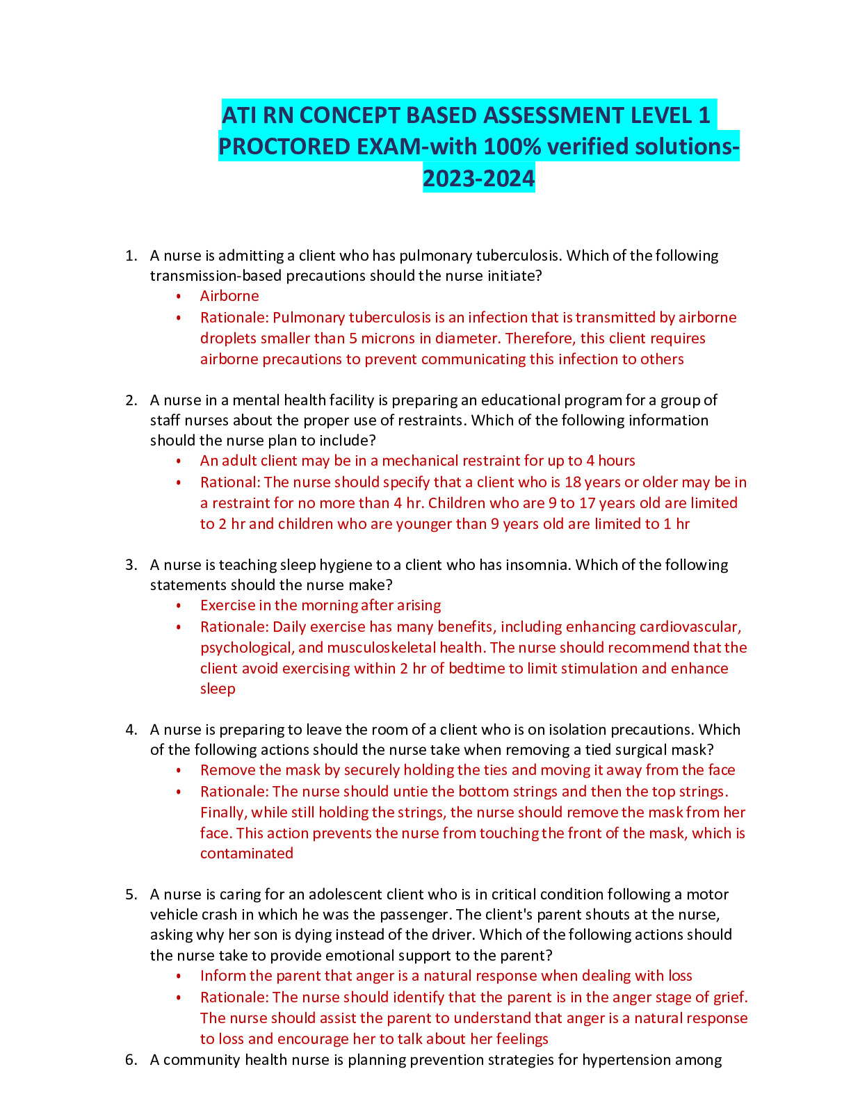 ATI RN CONCEPT BASED ASSESSMENT LEVEL 1 PROCTORED EXAM-with 100% ...