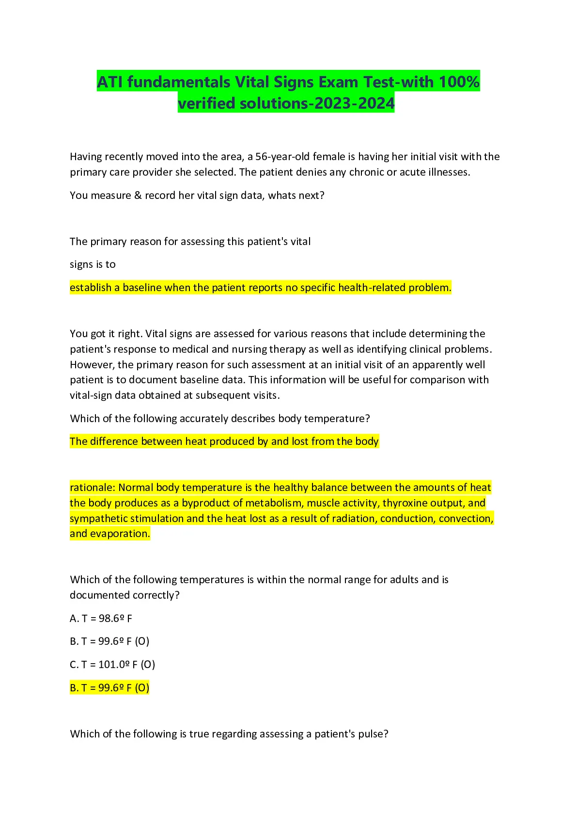 ATI fundamentals Vital Signs Exam Test-with 100% verified solutions ...