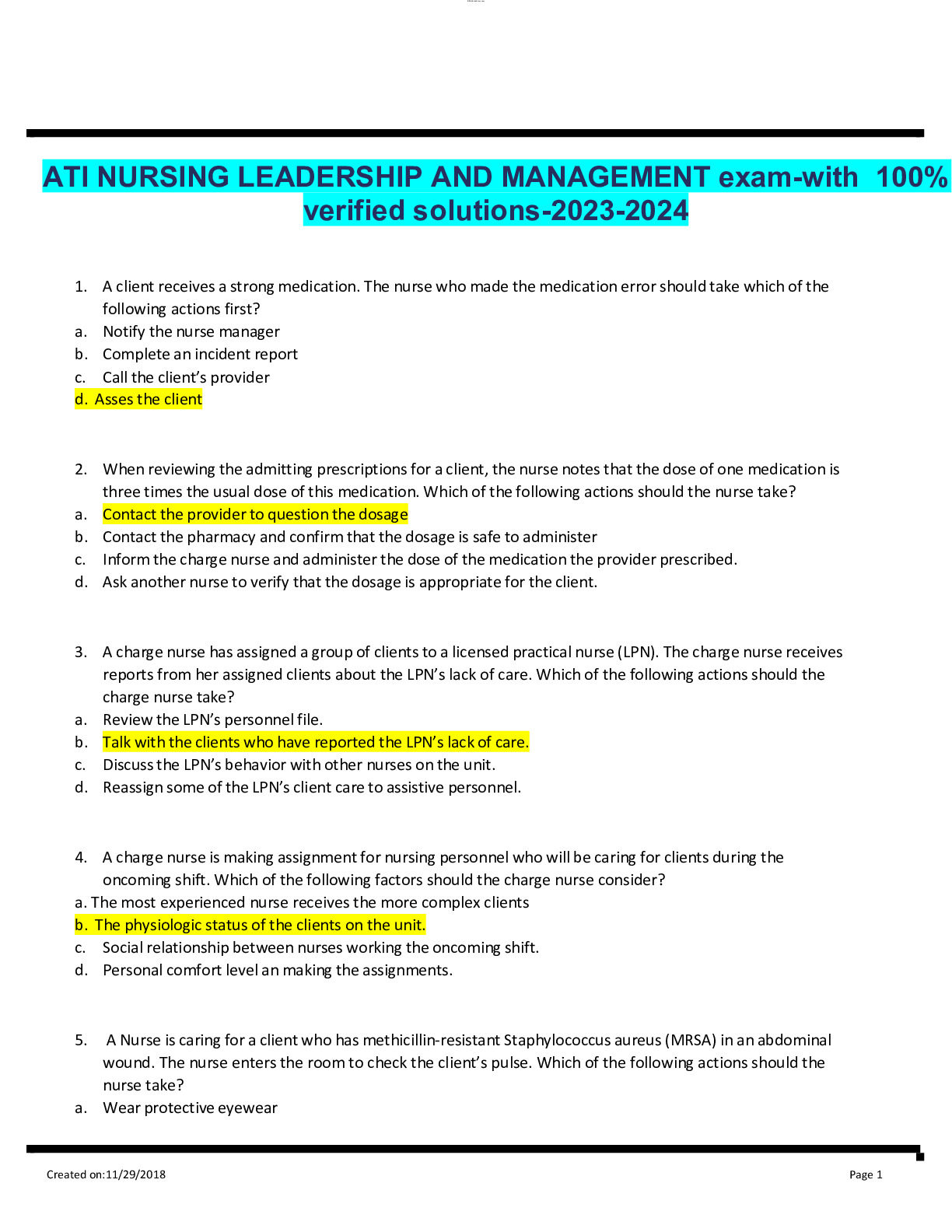 ATI NURSING LEADERSHIP AND MANAGEMENT exam-with 100% verified solutions ...