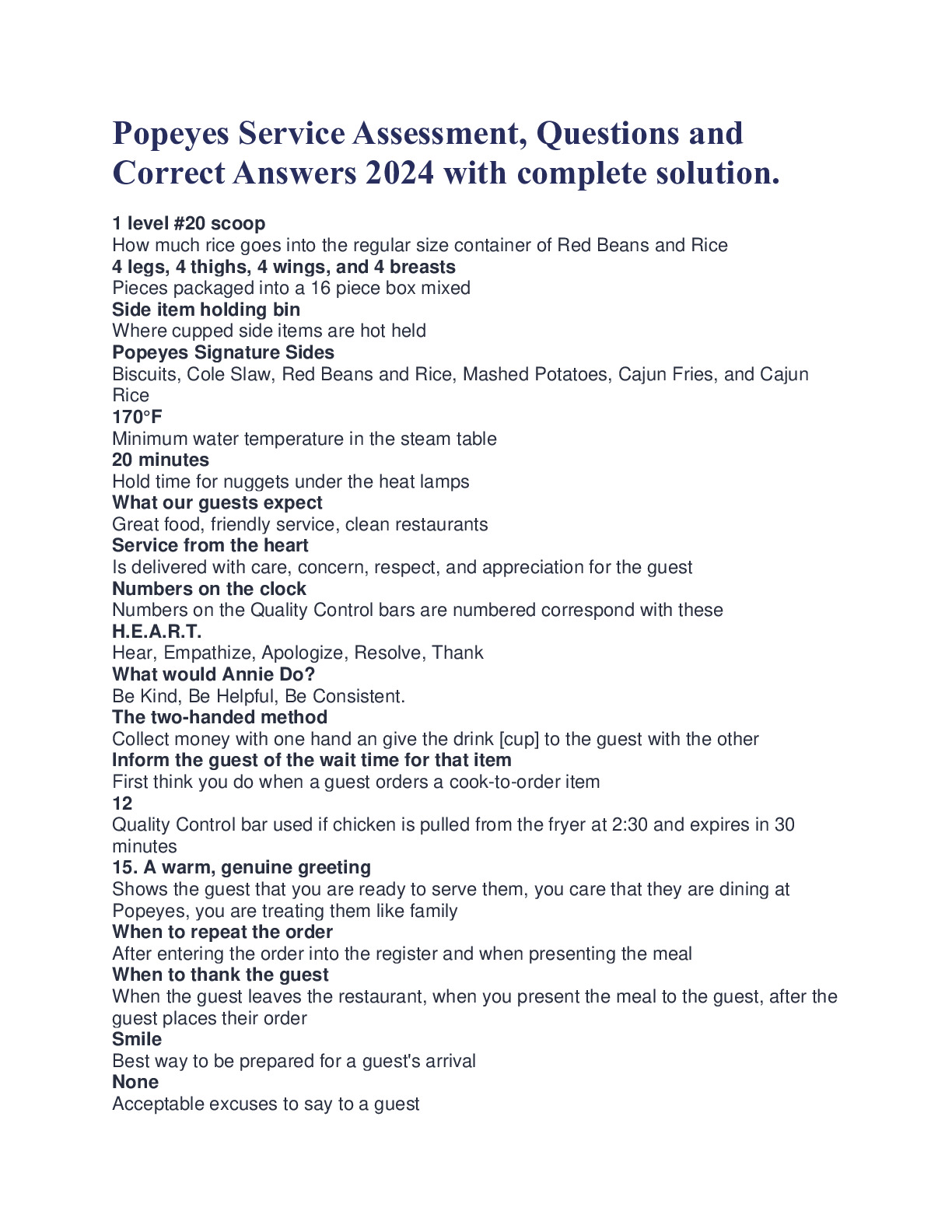 Popeyes Service Management Assessment 2024 with complete solution ...