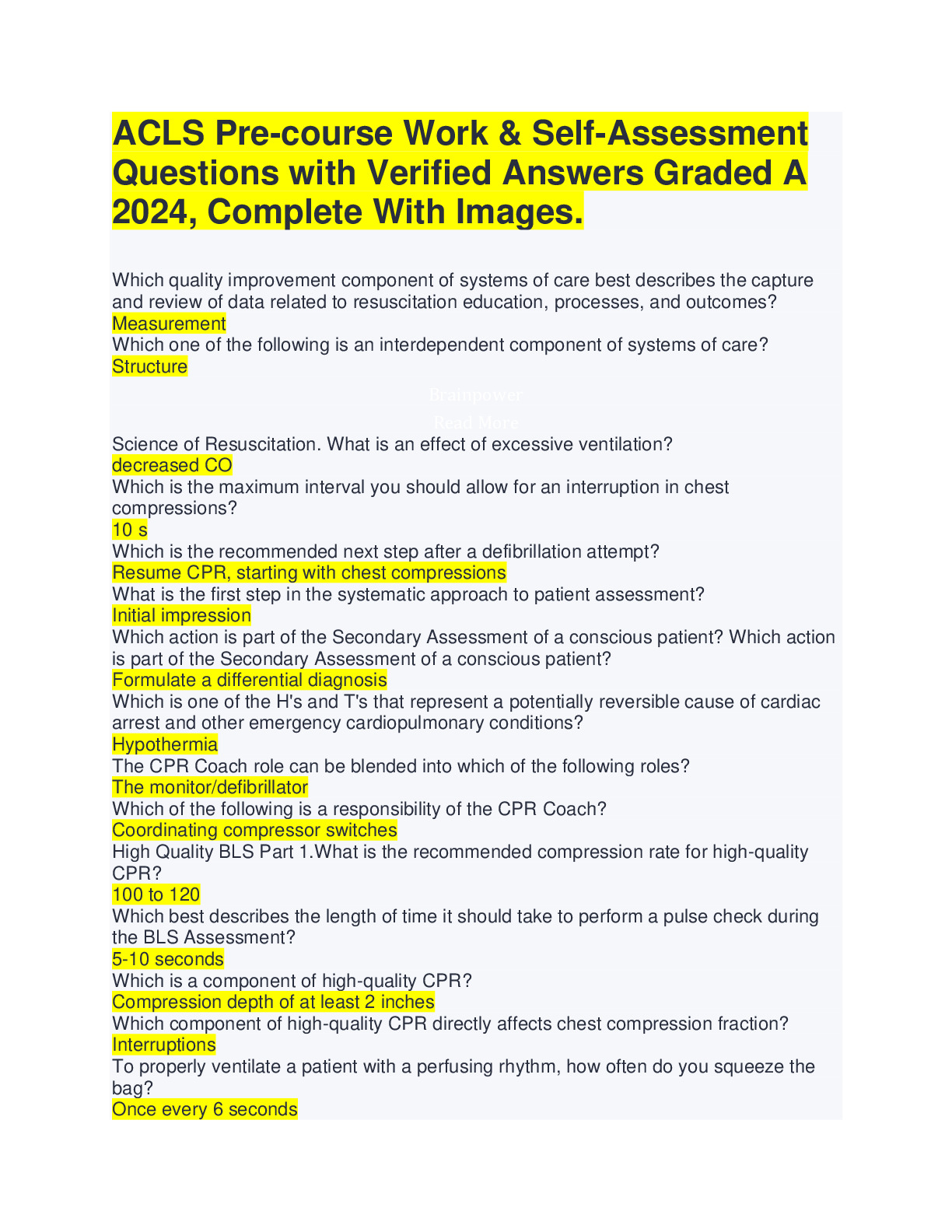 Acls Pre Course Work And Self Assessment Questions With Verified Answers