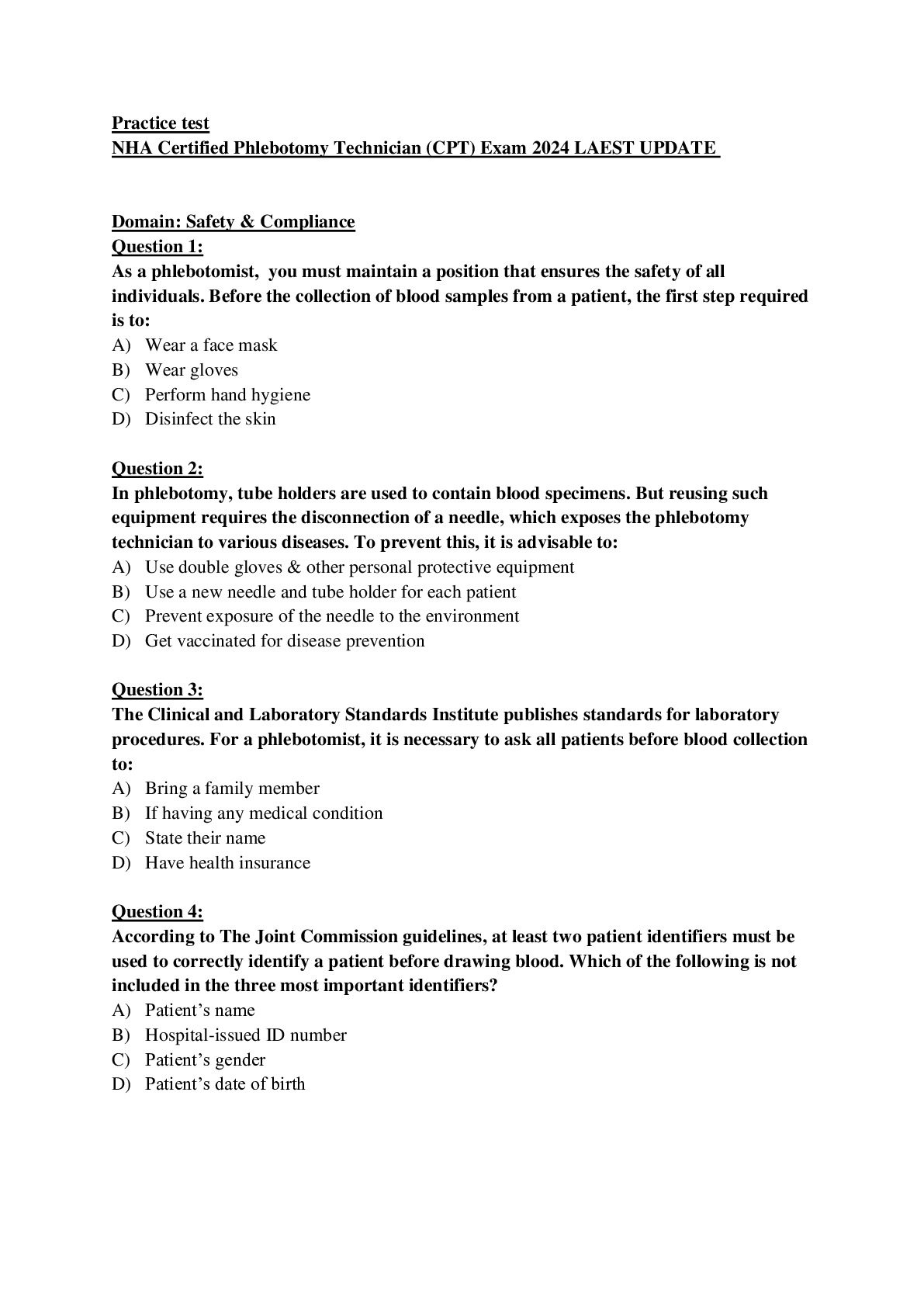 Phlebotomy Exam, Questions with Correct Answers Latest 2023-24 Graded ...