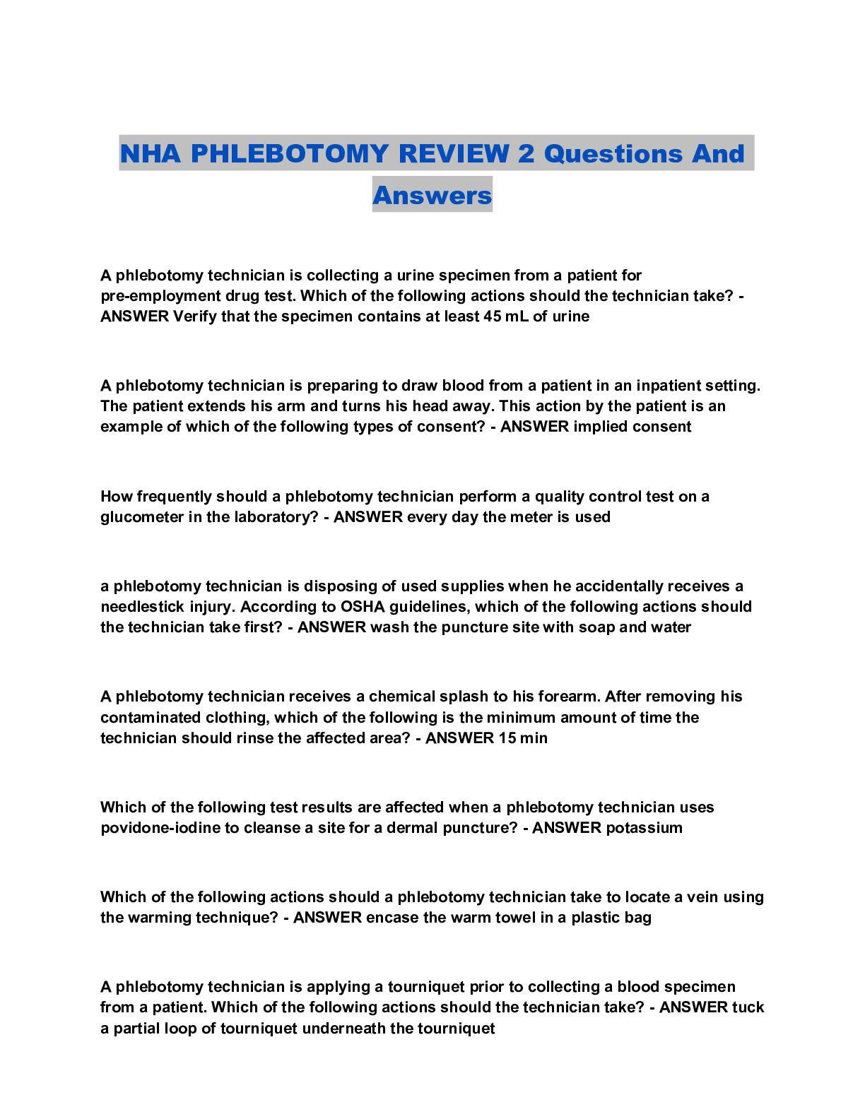 Phlebotomy Exam, Questions with Correct Answers Latest 2023-24 Graded ...