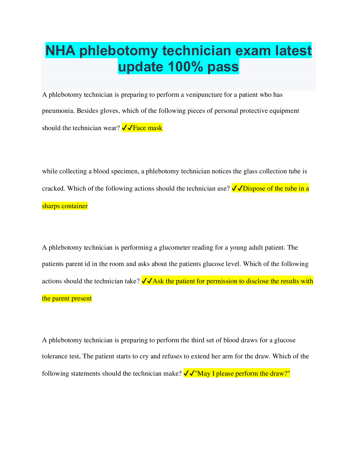 Phlebotomy Exam, Questions with Correct Answers Latest 2023-24 Graded ...