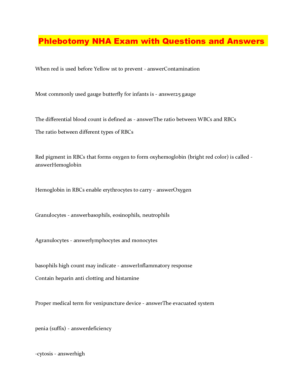 Phlebotomy NHA Exam with Questions and Answers 2024 UPDATE - DocMerit