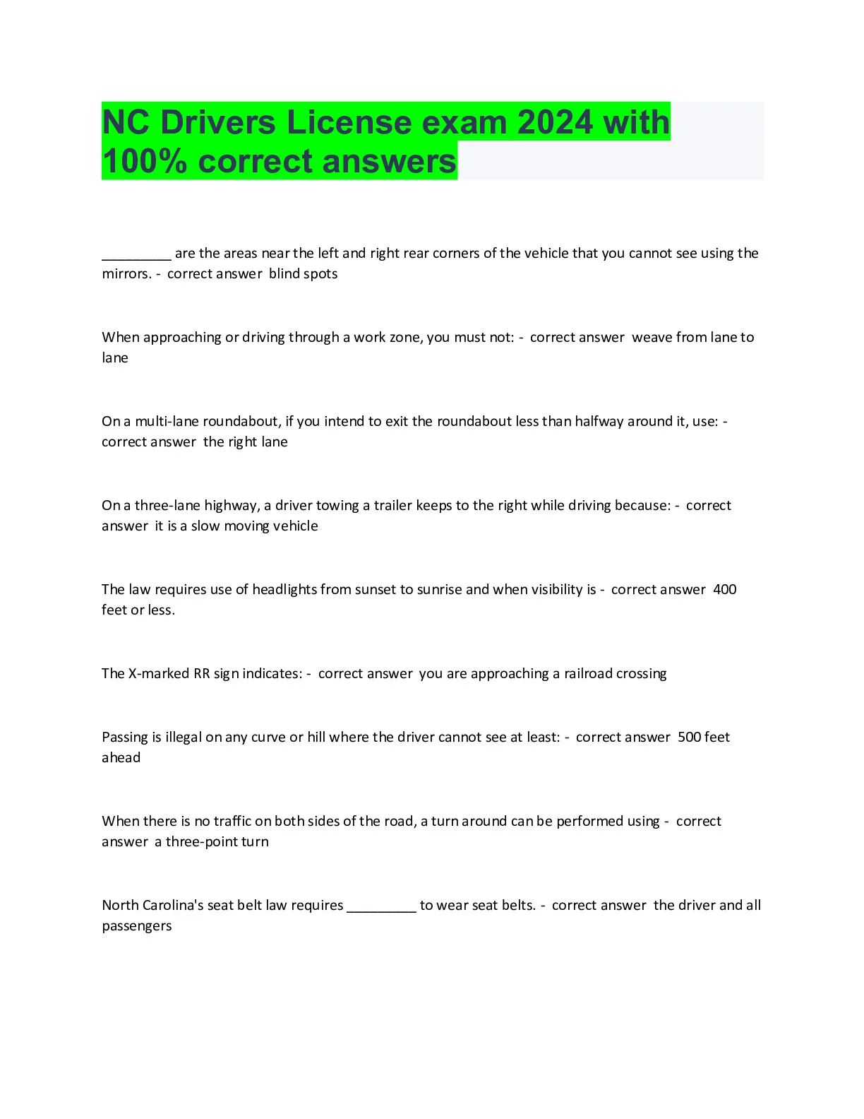 NC Drivers License exam 2024 with 100% correct answers - DocMerit