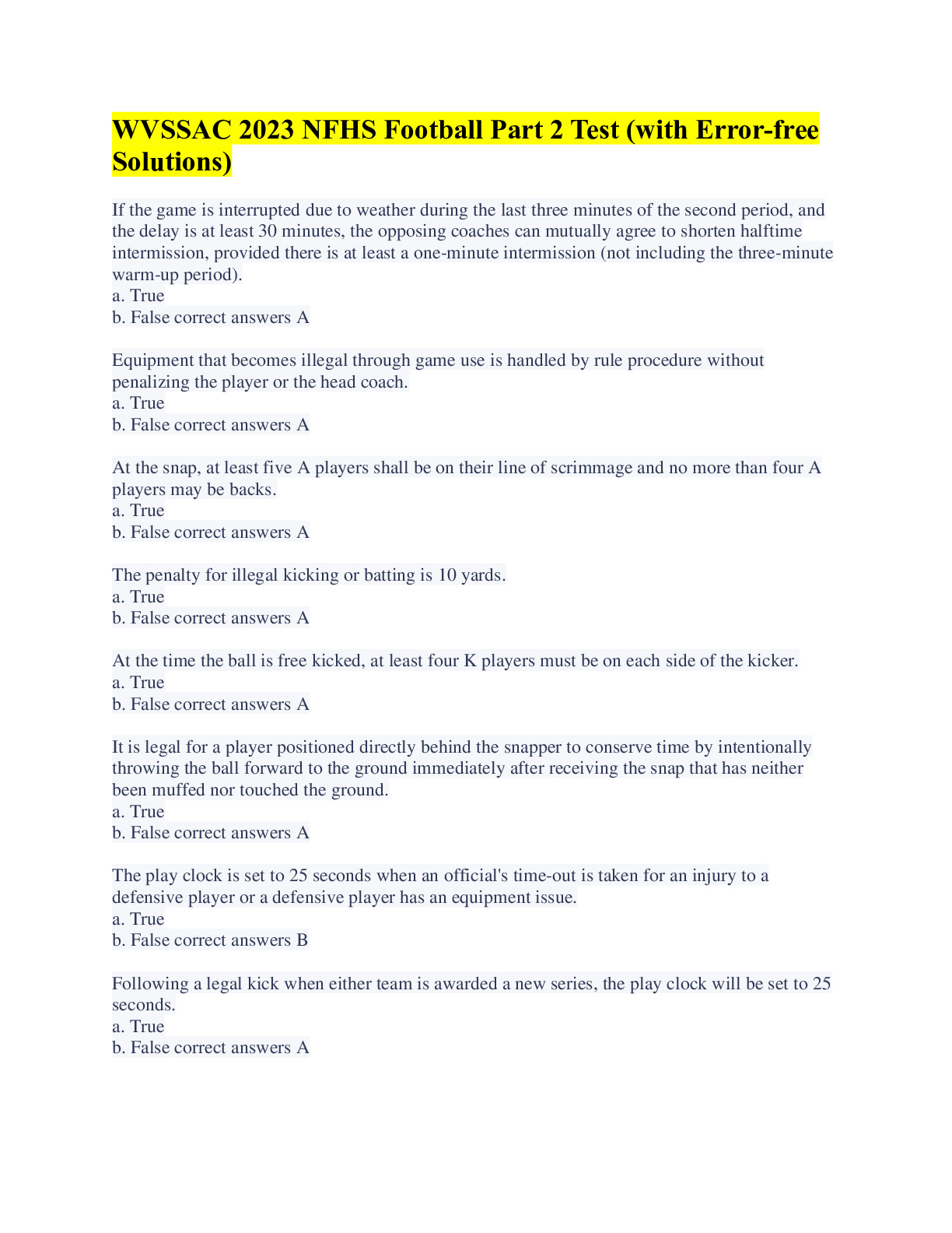 NFHS FOOTBALL EXAM QUESTIONS AND ANSWERS 2024 LATEST UPDATE - DocMerit NFHS FOOTBALL EXAM QUESTIONS AND ANSWERS 2024 LATEST UPDATE - DocMerit