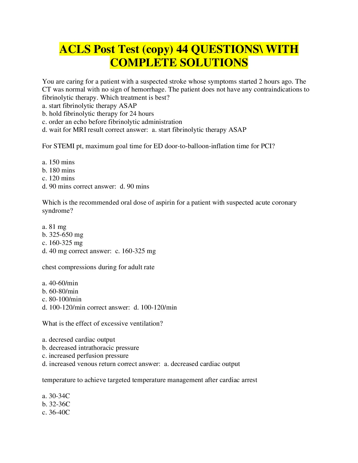 ACLS Post Test (copy) 44 QUESTIONS\ WITH COMPLETE SOLUTIONS 2024 - DocMerit