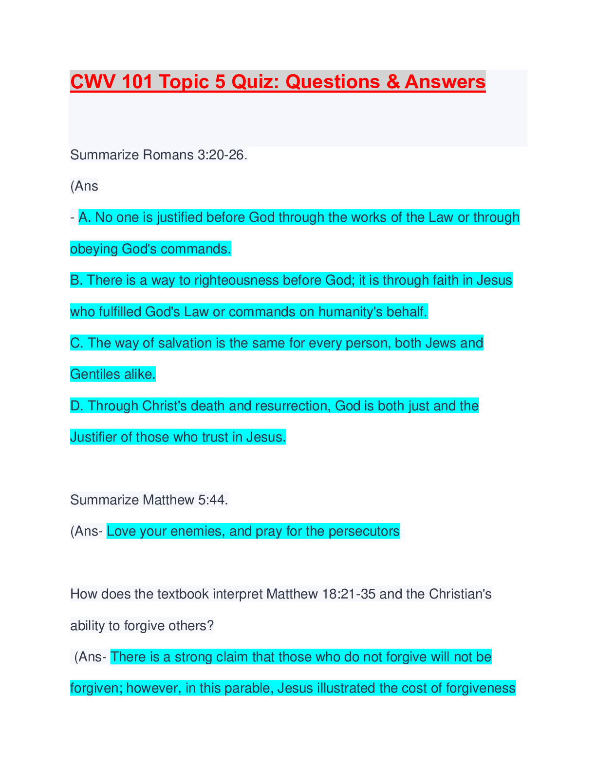 CWV 101 Topic 5 Quiz: Questions & Answers 2024 UPDATE - DocMerit