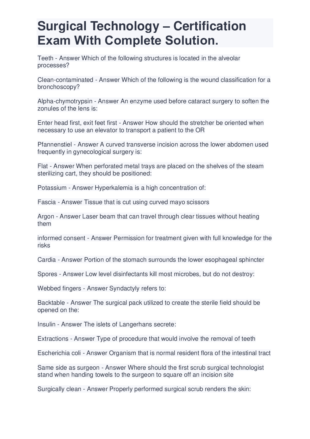 Surgical Assistant Certification Exam with Complete Solutions 2024 ...