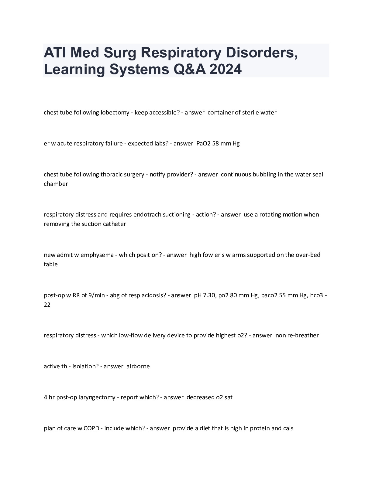 ATI med surg respiratory with asthma, COPD, tuberculosis, pulmonary ...